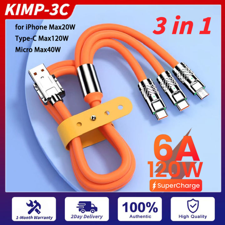 KIMP 120W 3 in 1 SuperCharging Cable Micro USB Type-C Fast Charger ...