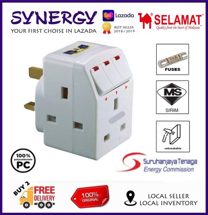 Penyesuai Plug 3 Pin UK 3 Way SELAMAT SA-32 Dengan Suis | Lazada