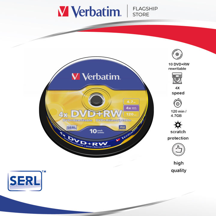 Verbatim DVD+RW/4x/4.7GB/120mins |Blank Media | 10 pcs per Spindle ...