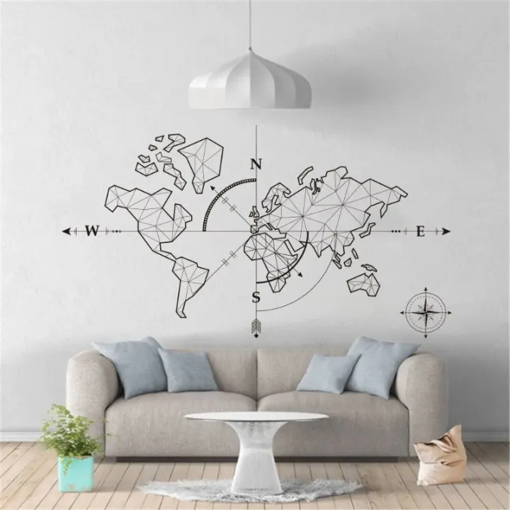 Large World Map Compass Earth Wall Sticker Office Classroom World Map ...