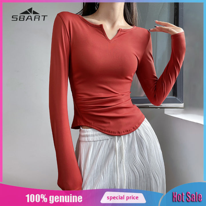SBART เสื้อออกกำลังกายวิ่งคอวีบางเข้ารูปสีทึบง่ายชุดโยคะ | Lazada.co.th