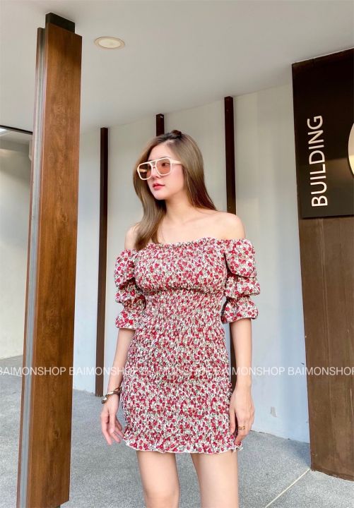 Sirawan มินิเดรส เดรสสม็อกปาดไหล่ แขนระบาย ลายดอกไม้น่ารัก สีสันสดใส ...