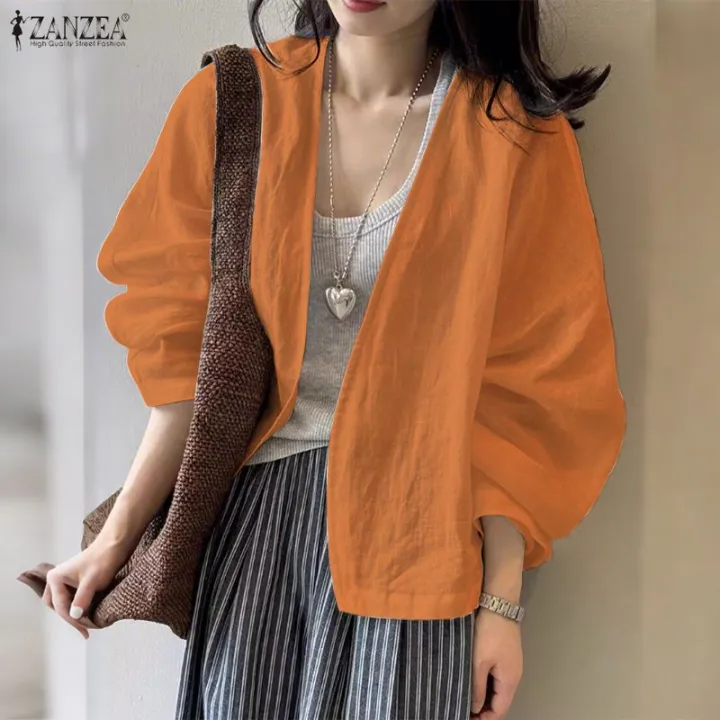 ZANZEA Korean Style Women Minimalist Long Lantern Sleeve Kimonos V-Neck ...