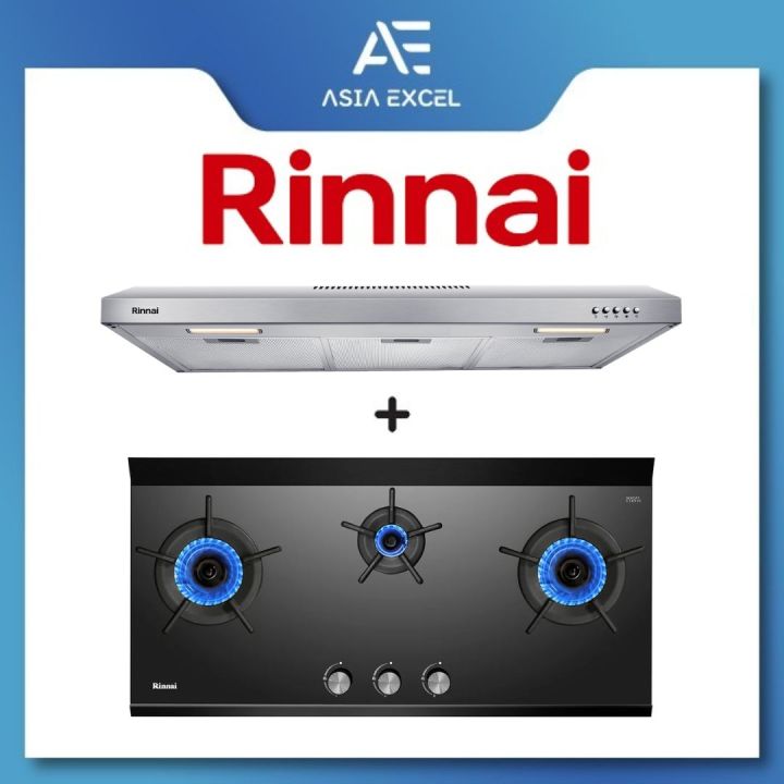 RINNAI RH-S95A-SSVR 90CM SLIMLINE HOOD + RINNAI RB-3CGN 3 BURNER INNER FLAME GLASS GAS HOB ...