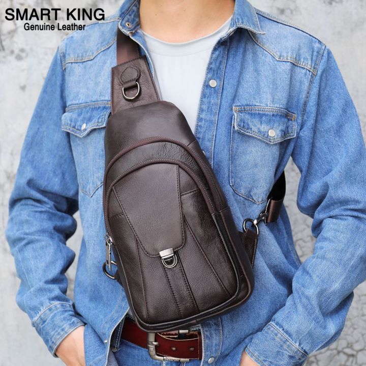 Smart King ใหม่สำหรับผู้ชายกระเป๋าคาดหน้าอกหนังวัวแท้กระเป๋าสะพายสลิง ...