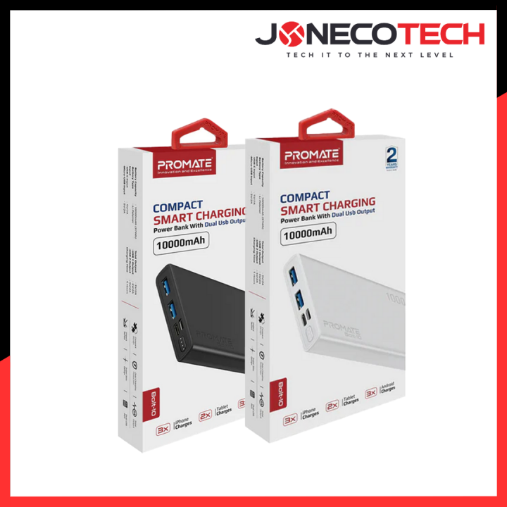 Promate Bolt-10 Compact Smart Charging Power Bank with Dual USB Output ...