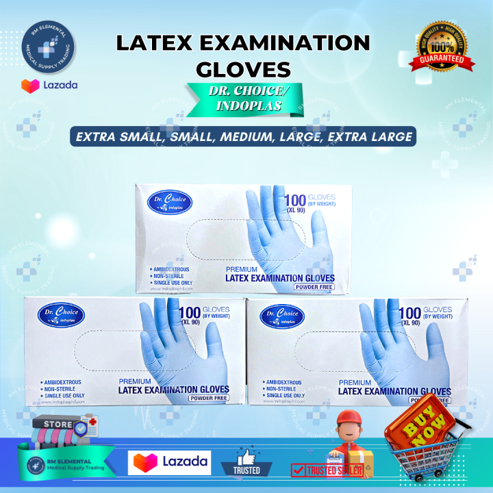 Indoplas Dr. Choice Powder Free Examination Latex Gloves Box of 100 XS, S, M, L, XL - 1 Box ...