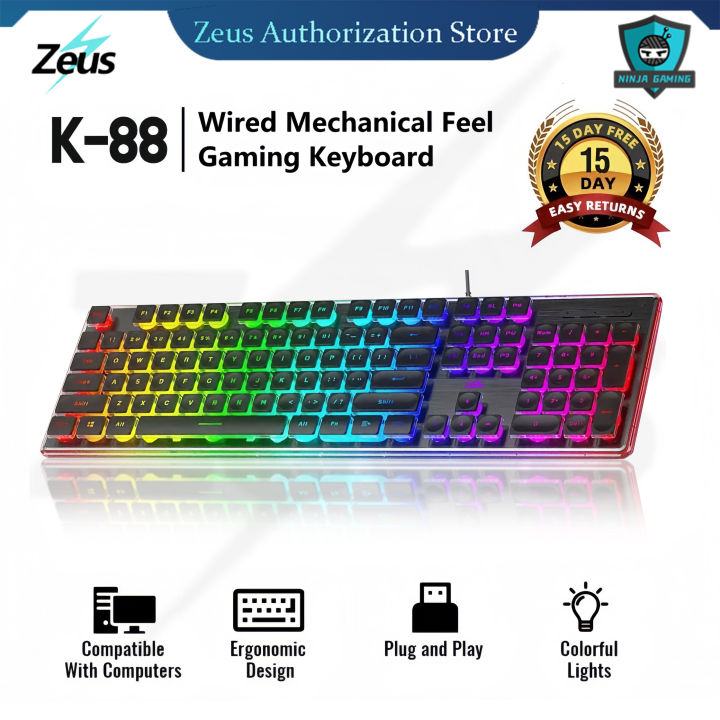 Ninja K-88 Icy Blue Back Light Wired Gaming Keyboard 104 Keys Silent ...
