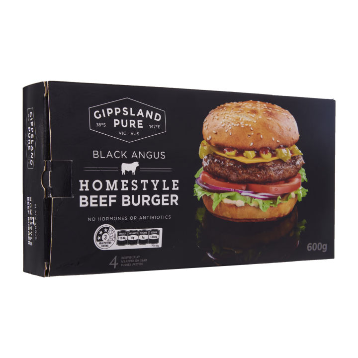 Gippsland Pure Black Angus Homestyle Beef Burger Patty - 4 X 150G Pack ...
