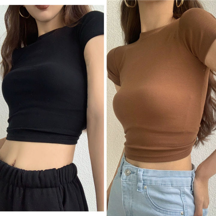 Luna shop🌻แขนสั้นสีดำเสื้อครอปผู้หญิงเสื้อยืดสั้นบางสไตล์เกาหลีเสื้อบาง ...