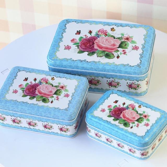 3 pcs/set Squate Metal Cookies Moon Cake Box Flower Large Storage Tin ...