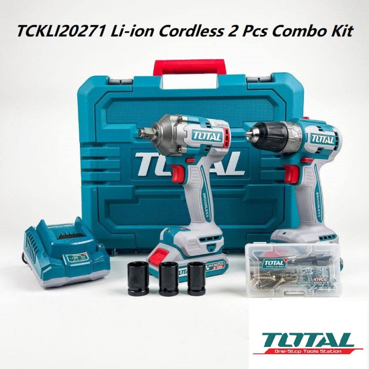 TOTAL TCKLI20271 Li-ion Cordless 2 Pcs Combo Kit Brushless Impact Wrench & Cordless Drill (20V ...