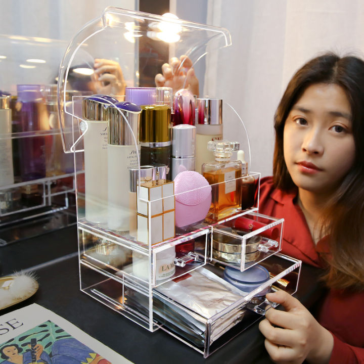 Acrylic Jewelry Cosmetic Storage Box Dust-proof With Lid 3 Drawers ...