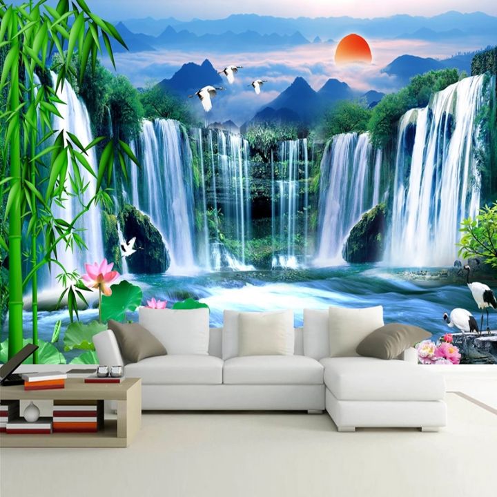 (จัดส่งที่รวดเร็ว)3d ที่กำหนดเองวอลล์เปเปอร์ Waterfalllotuslandscape