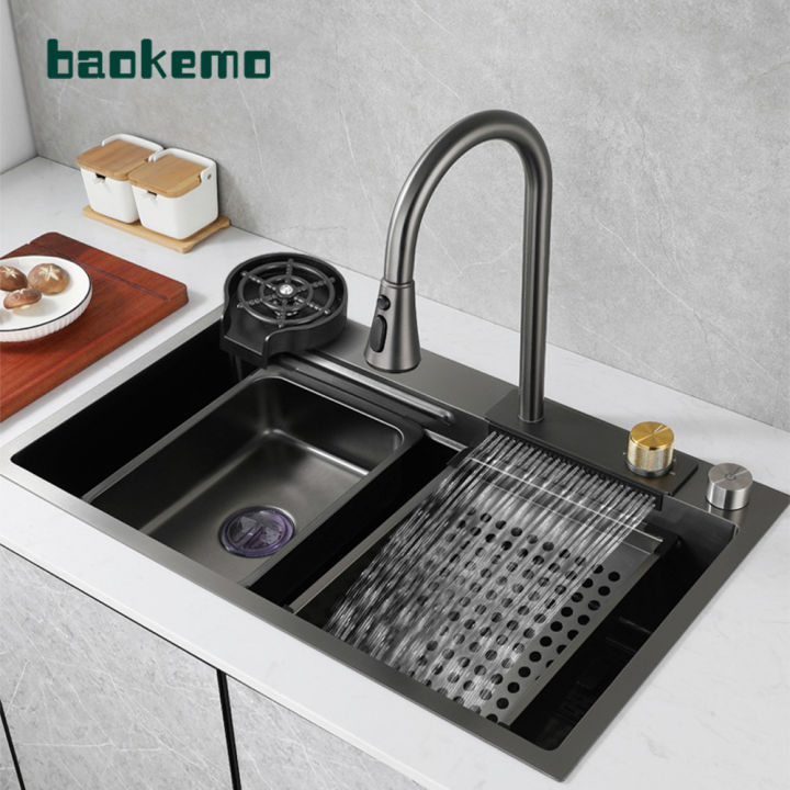 baokemo Kitchen Sink Single Bowl Stainless Steel With Waterfall Faucet ...