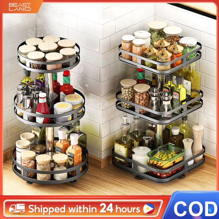 360° Rotating Kitchen Spice Rack Steel Kitchen Condiments Organizer ...