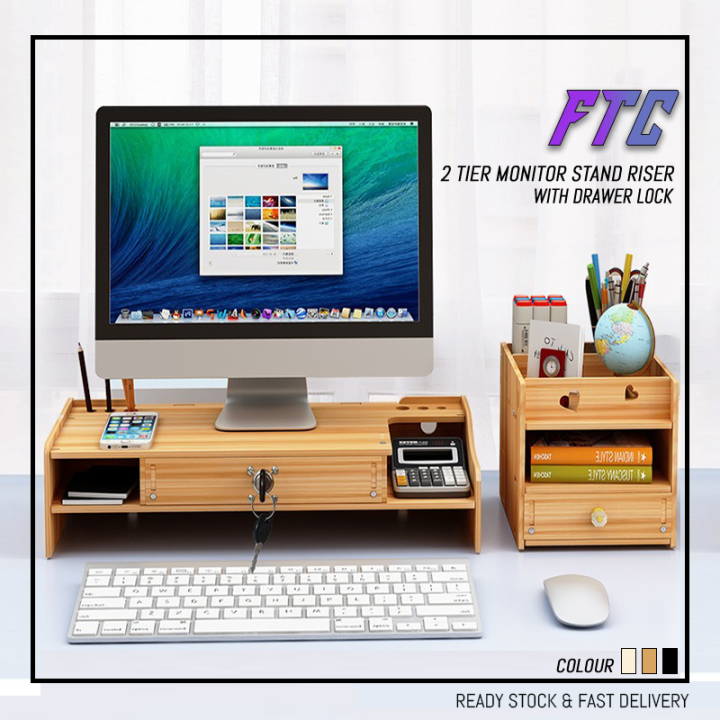 FTC 2 Tier Monitor Stand Riser With Drawer Lock Multifunction Wood Made ...