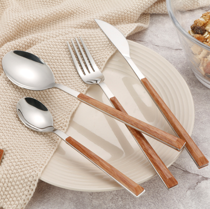 wood grain cutlery set / paket sendok garpu stainless korea handle kayu ...