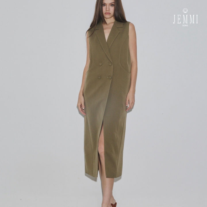 JEMMIDORIS Koir เสื้อกั๊กยาวคอปกกระดุมด้านหน้า-รุ่น long vest olive ...