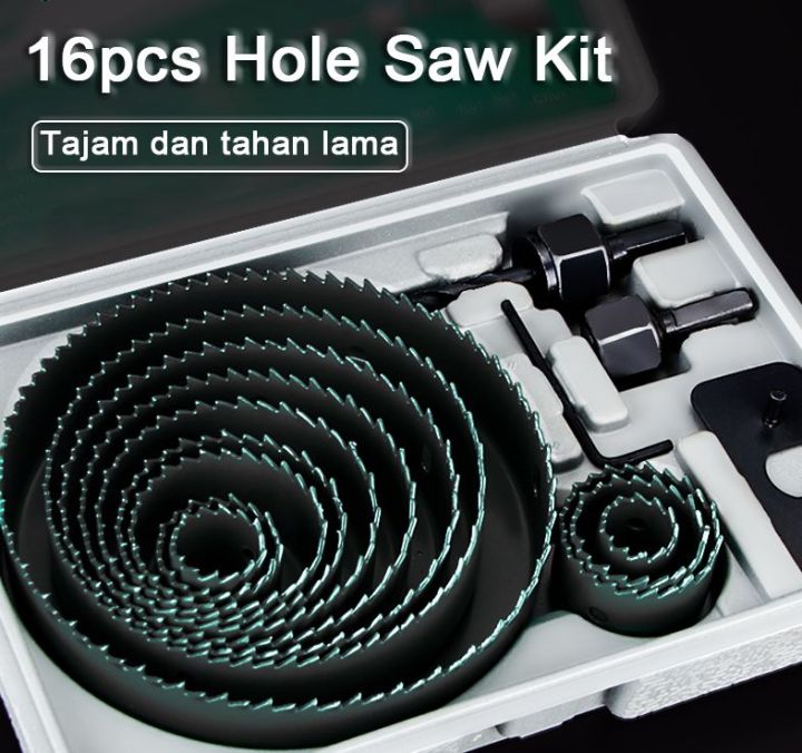 PROMO!! 1 SET 16PCS Hole saw Kit Mata bor set Pelubang Kayu GYPSUM PVC ...