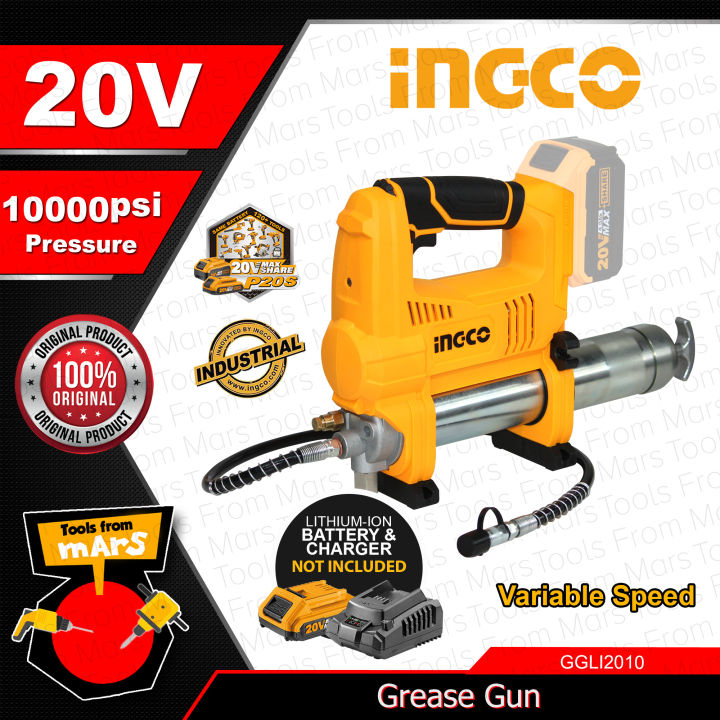 INGCO 20V Lithium-Ion Cordless Grease Air Gun Pump with Flexible Hose ...