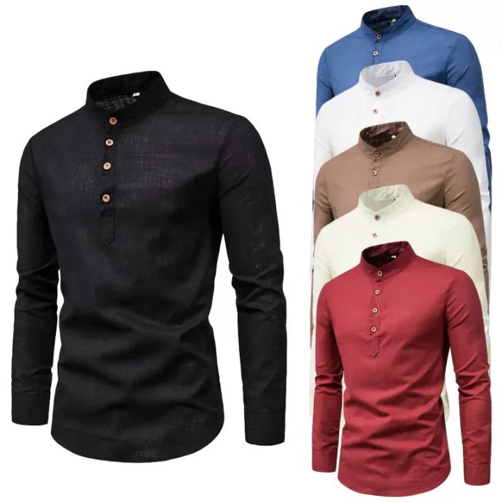 Long Sleeve Polo Shirt For Men Chinense Collar Half Buttoned Shirts ...