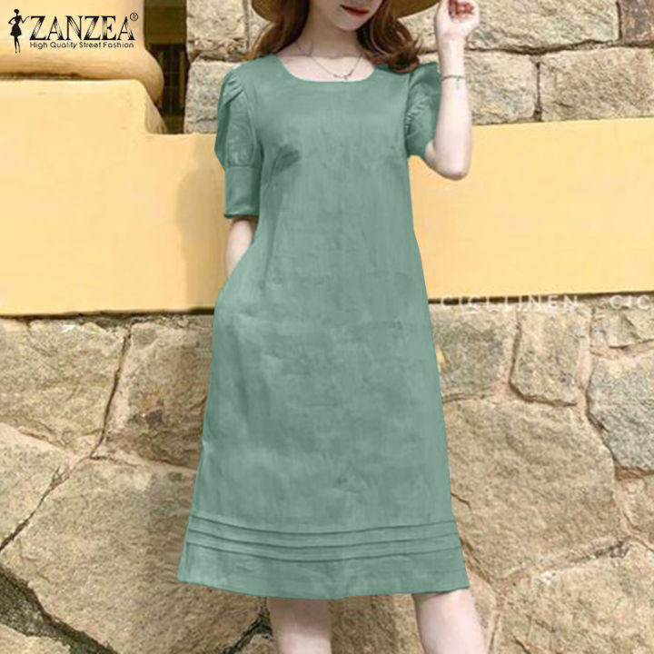 Zanzea Womens Dresses Vintage Puff Short Sleeve O Neck Cotton Linen