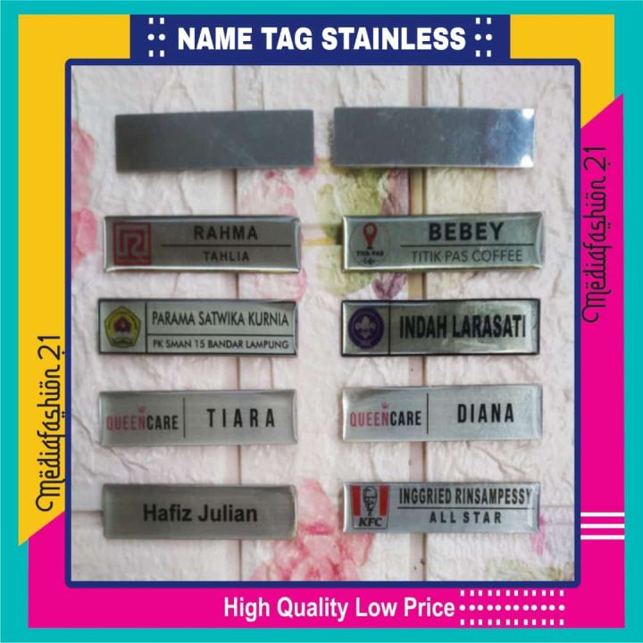 Name Tag / Nama Dada / Papan Nama Kotak Bahan Stainles Pengait Peniti ...