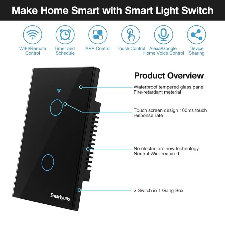 WiFi Smart Light Switch, Tempered Glass Panel Touch Light Switch 2 Gang ...