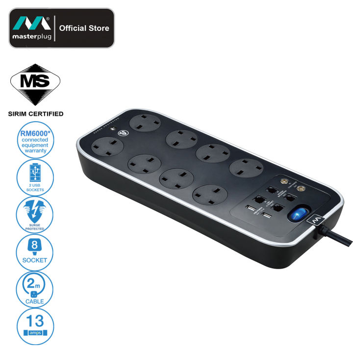 Masterplug Surge Protector 8 Gang 2 USB 3.1A 2 Meter Extension Leads ...