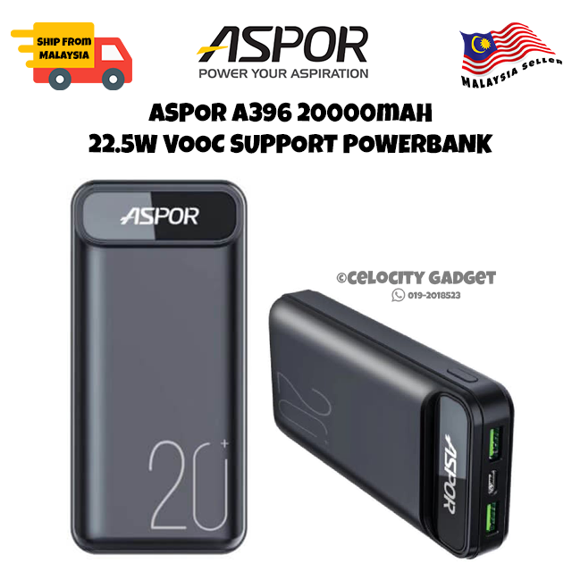 Aspor A396 20000mAh 22.5W PD Fast Charging Vooc Suported Powerbank | Lazada