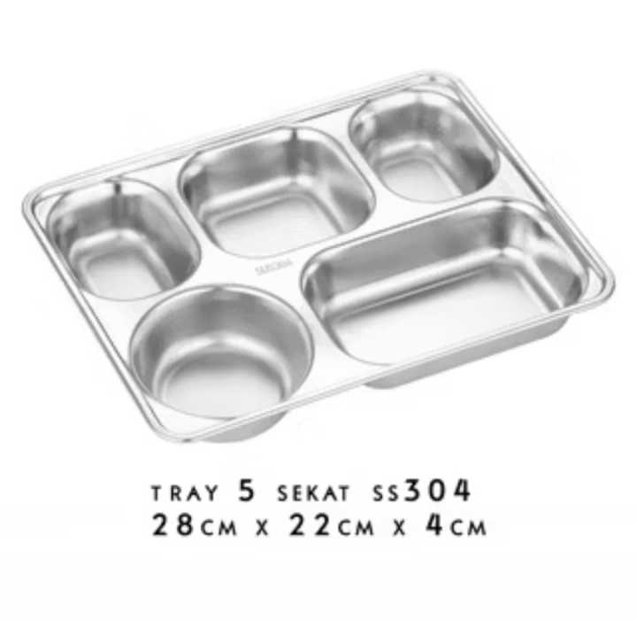Tempat makan stainless 5 sekat plus tutup food tray stainless sus 304 ...