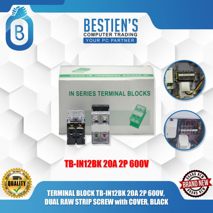 TERMINAL BLOCK TB-IN12BK 20A 2P 600V, DUAL RAW STRIP SCREW with COVER ...