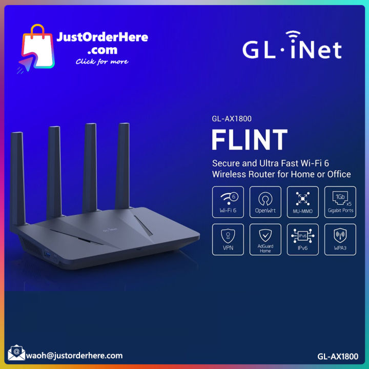 GL.iNet Flint Secure Ultra Fast Wi-Fi 6 AX1800 Dual Band Wireless ...
