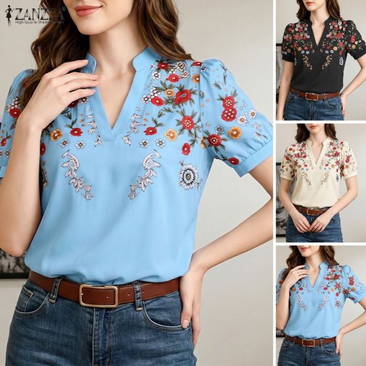 ZANZEA Korean Style Women Formal Office Floral Print Short Sleeve ...