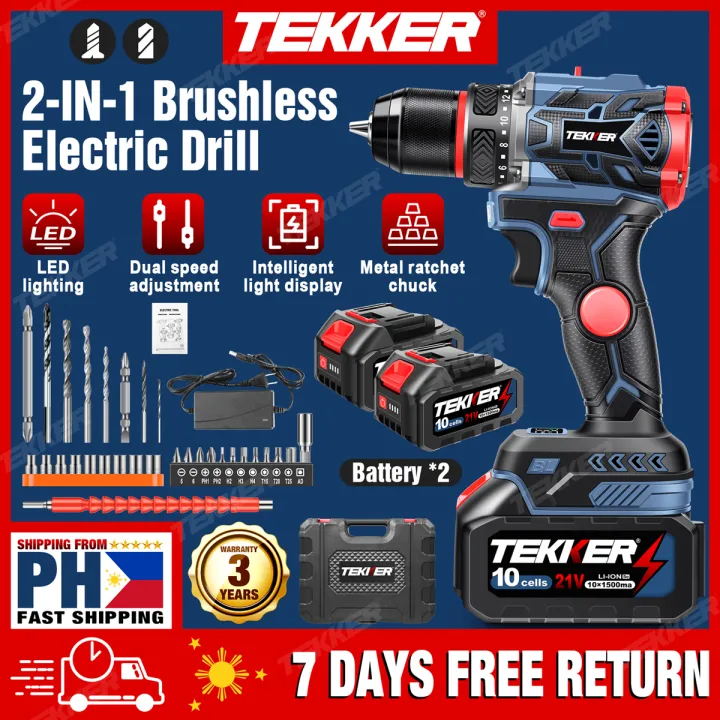 TEKKER Brushless 21V Cordless Electric Drill with Knock Drill Driver Double-Speed With Li-ion ...