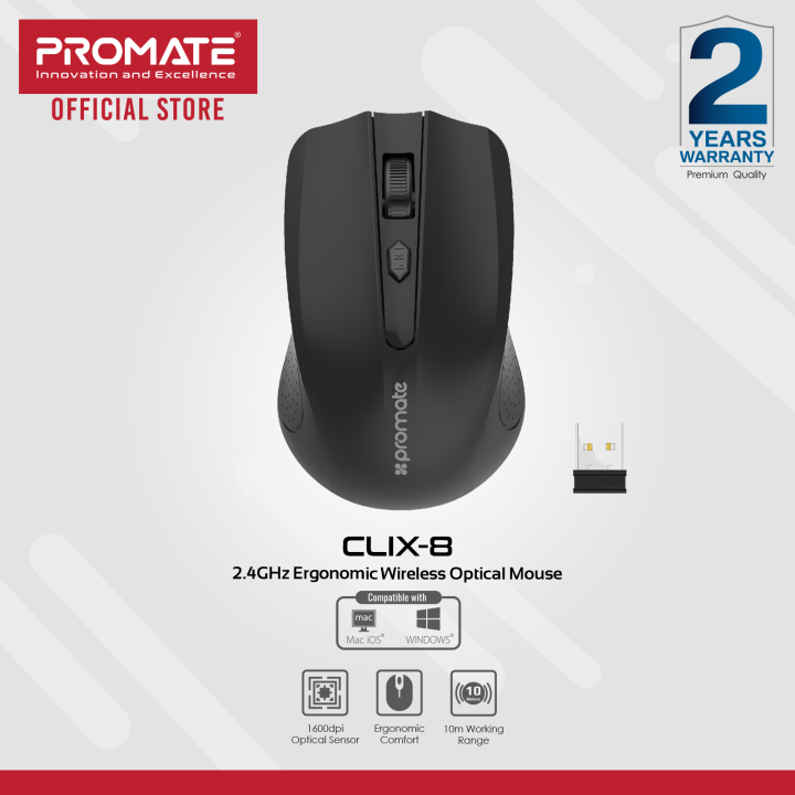 Promate Clix-8 Wireless Mouse, 2.4Ghz Ergonomic Wireless Optical Mouse ...