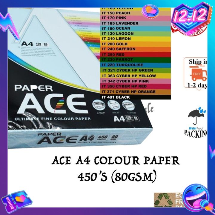ACE A4 COLOUR PAPER 80GSM 450 SHEETS / A4 KERTAS WARNA 80GSM 450'S (READY STOCK / 100% ORIGINAL ...