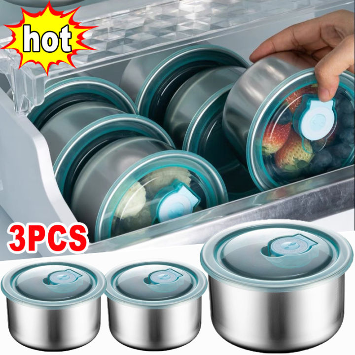 3Pcs 304 Stainless Steel Food Container Fresh Keeping Box with Sealed ...