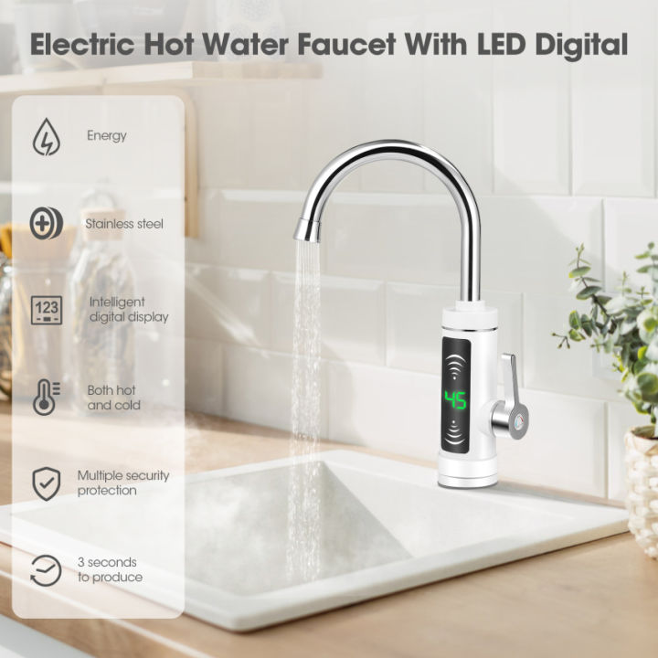 Instant Hot Water Tap, 220V 3000W Electric Water Heater Tap With Digital Display, 360° Rotatable ...