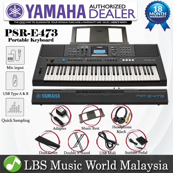 Yamaha PSR-E473 Portable Keyboard Basic Package with Square Sustain ...
