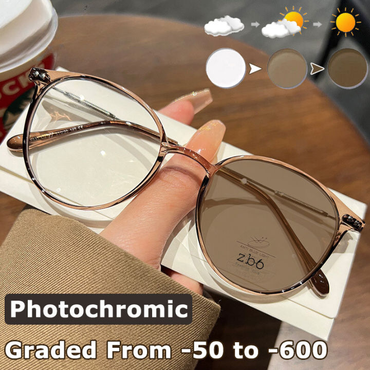 Retro Photochromic Glasses Anti Blue Light Myopia Eyeglasses With ...