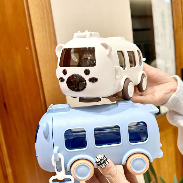 500ML Bus Shape Cartoon Water Cup with Movable Wheels & Strap Cute Car ...