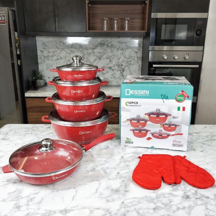 12 Pieces Dessini Italy Non Stick Granite Cooking Pot Frying Pan Set ...