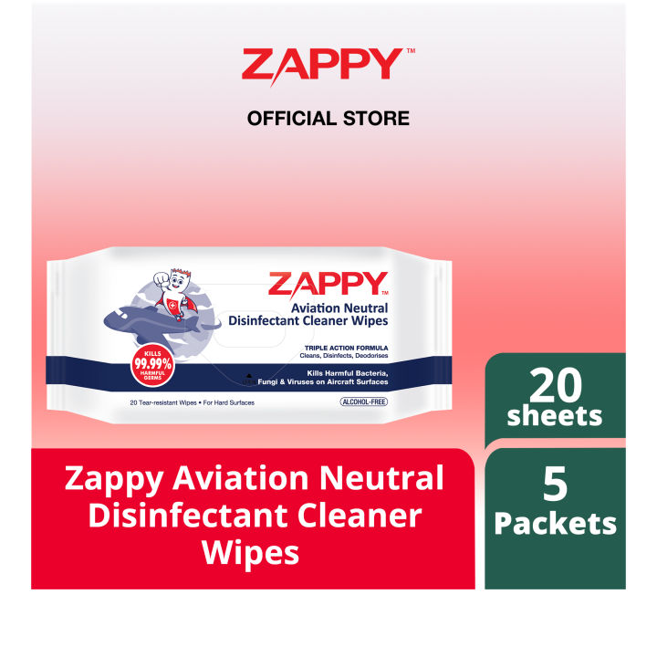 Zappy Aviation Neutral Disinfectant Cleaner Wipes 20 Sheets x 5 Packets ...