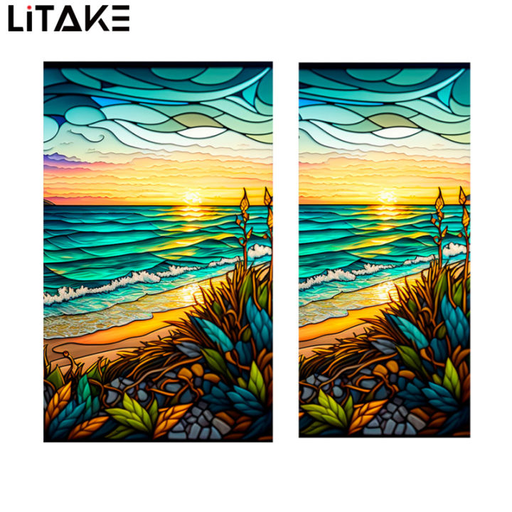 PVC Stained Glass Window Film Non-Adhesive Removable Colorful Seaside ...