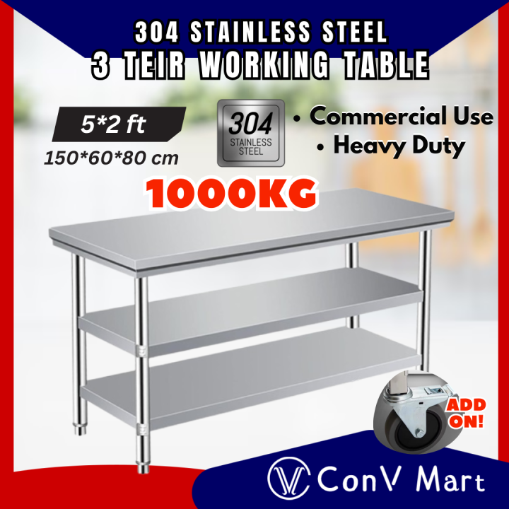 5FT (150cm) 304 Stainless Steel 3 Tier Working Table Meja Dapur Meja ...