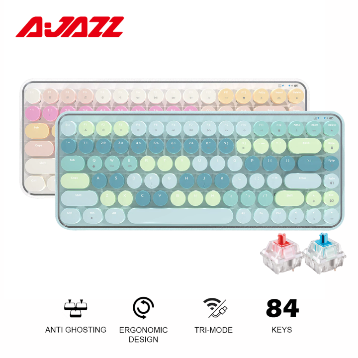 Ajazz K840T 84-Key 75% Tri-Mode Wireless Bluetooth White Backlit Round ...