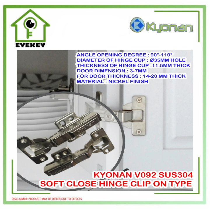 KYONAN V092 SUS304 SOFT CLOSE HINGE CLIP ON TYPE FULL OVERLAP HIGH ...