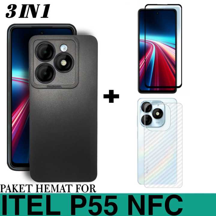 PAKET 3IN1 CASE ITEL P55 NFC SOFT CASE PRO CAMERA FREE TEMPERED GLASS DAN GARSKIN CARBON 3D ...
